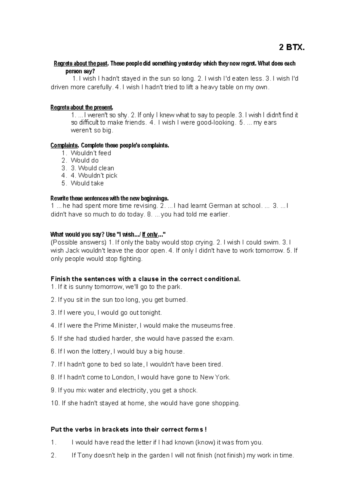 2 BTX Conditional Sentences Activity: Regrets and Complaints - Studocu