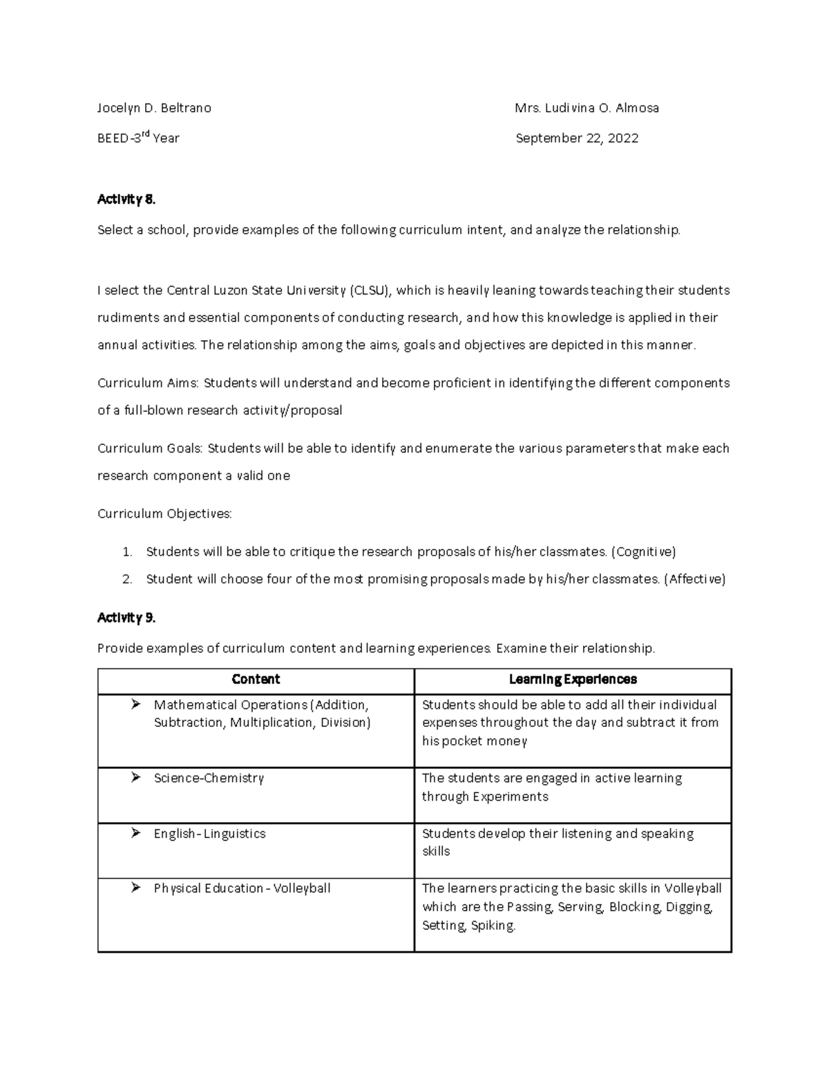 BEED 3 - Prelim Seatwork 2: Analyzing Curriculum Intent and Evaluation ...
