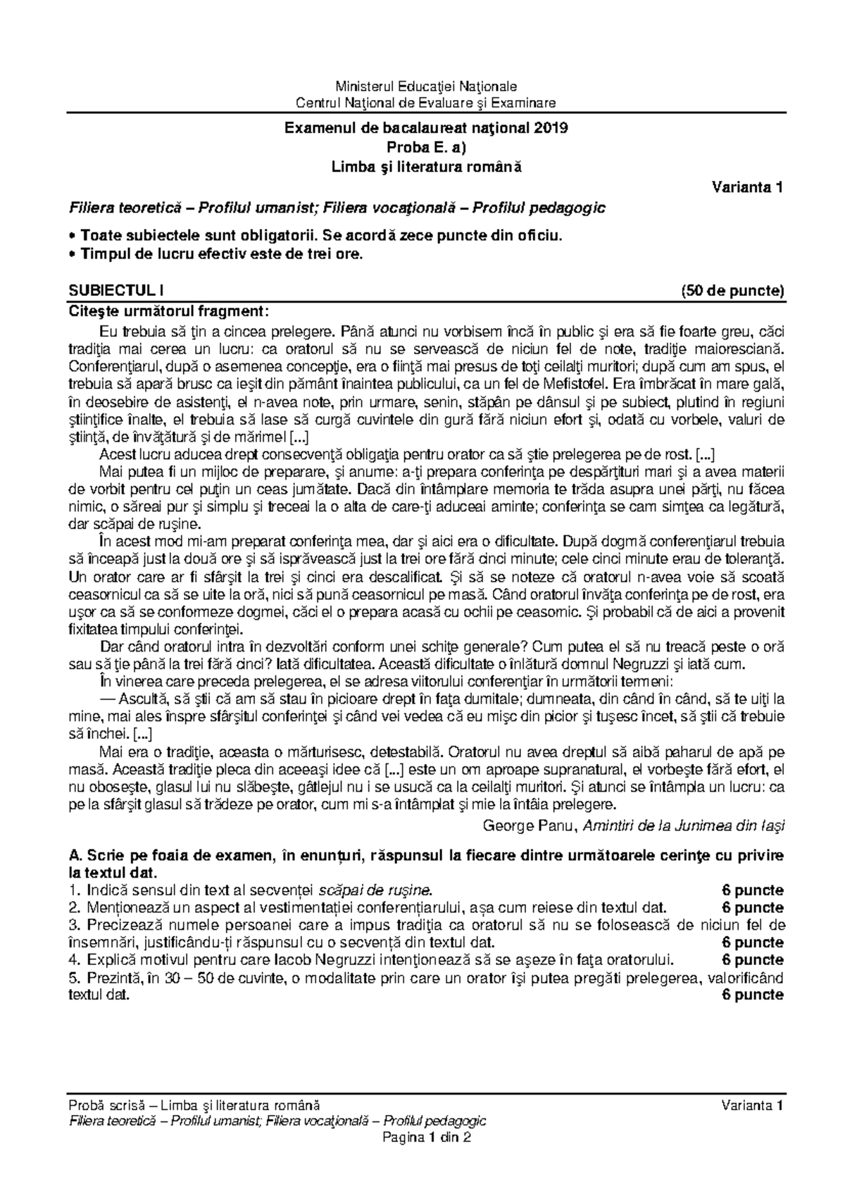 Examen Bacalaureat 2019 - Limba și Literatura Română - Varianta 1 - Studocu