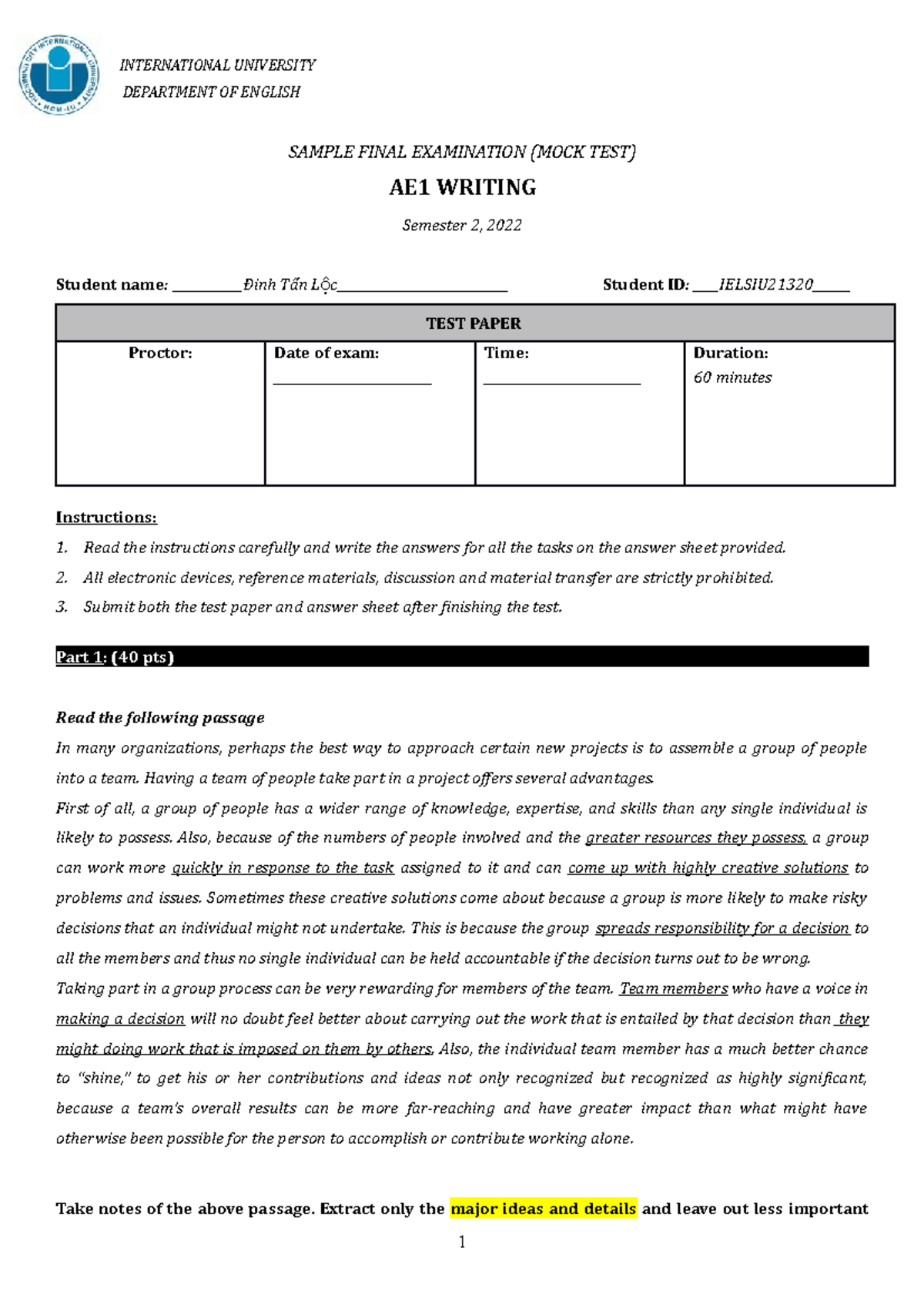 Sample AE1 Writing Final Exam Mock Test - Semester 2, 2022 - Studocu