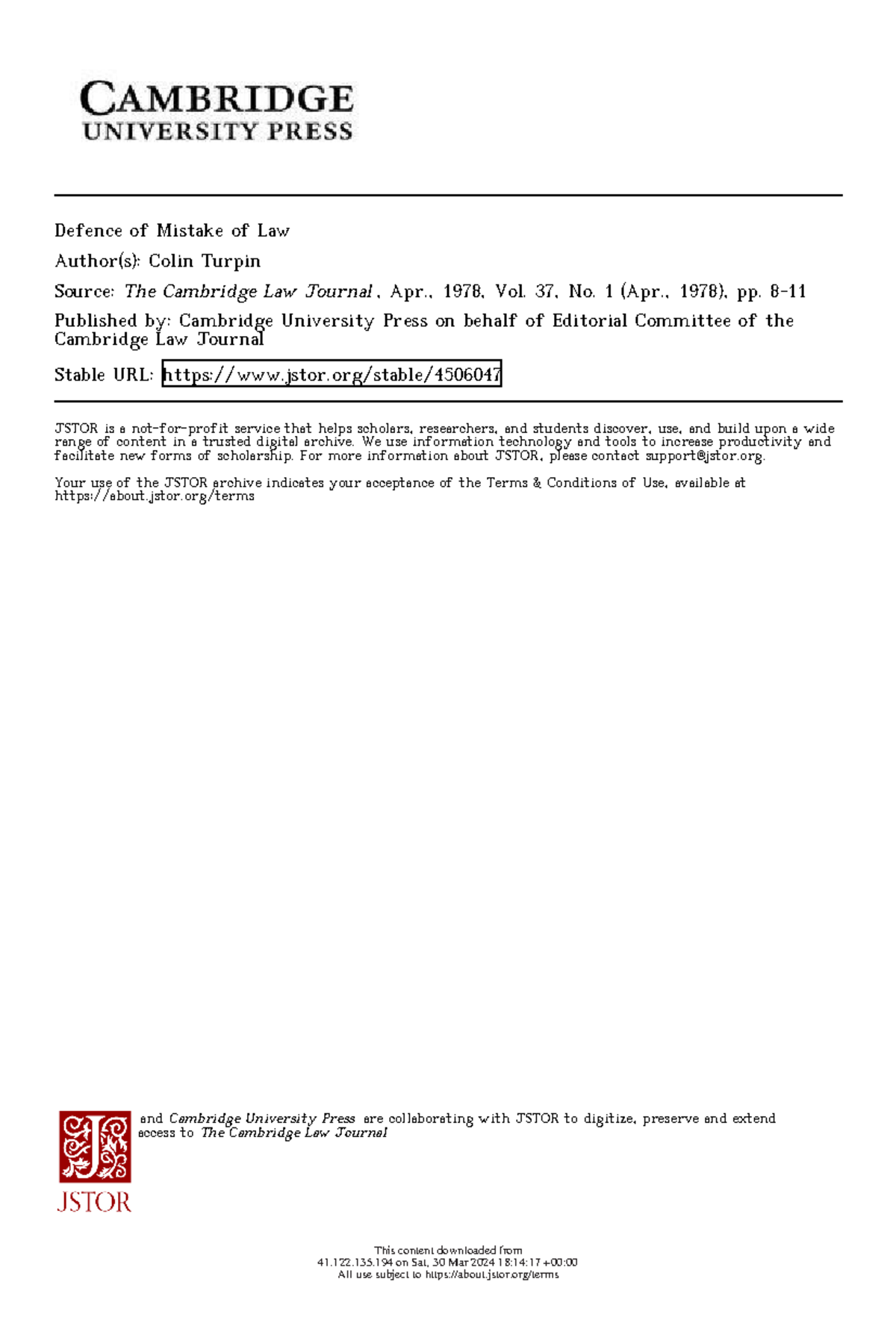 Turpin-Defence Mistake Law-1978 - Defence of Mistake of Law Author(s ...