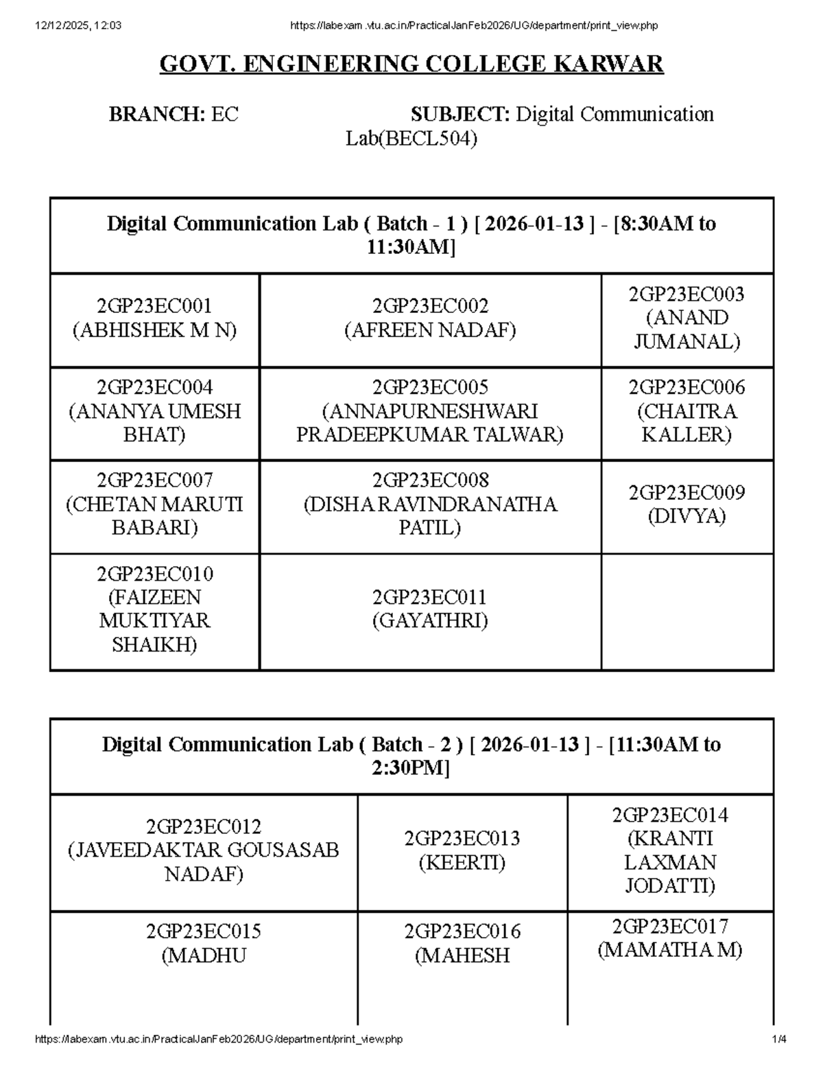 Digital Communication Lab (BECL504) Time Table for All Batches - Studocu