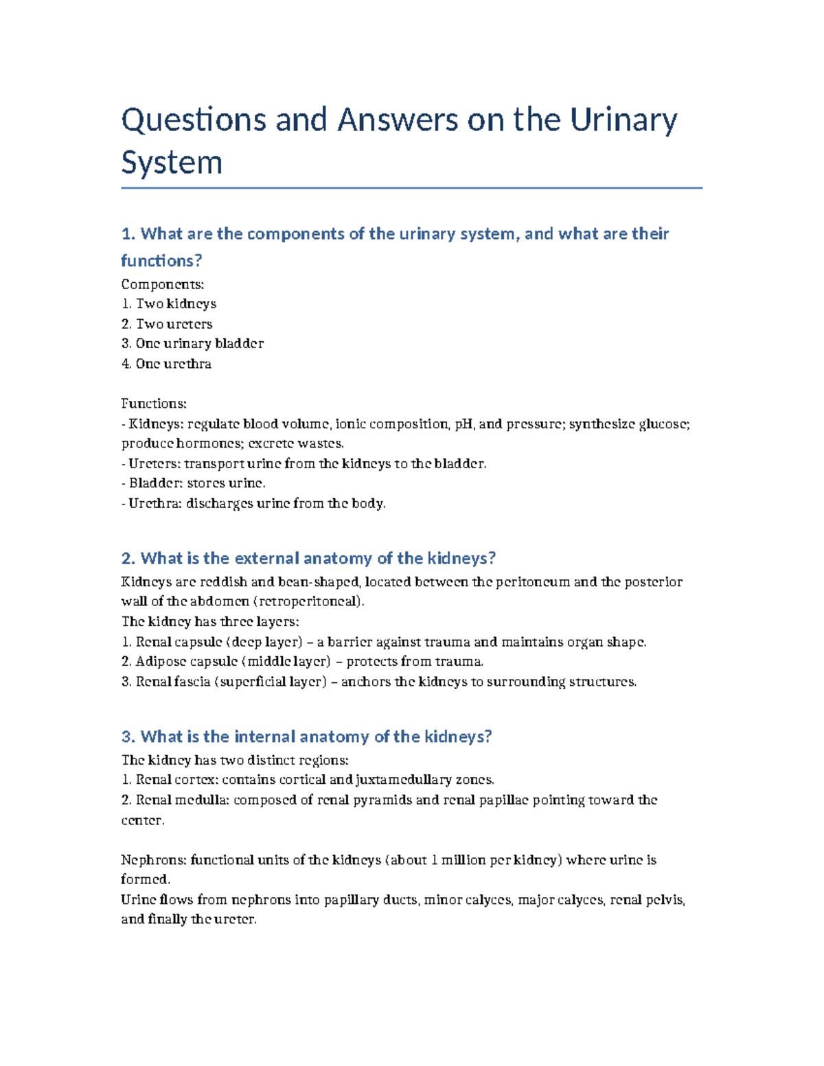 Urinary System Quiz: Key Q&As and Functions Explained - Studocu