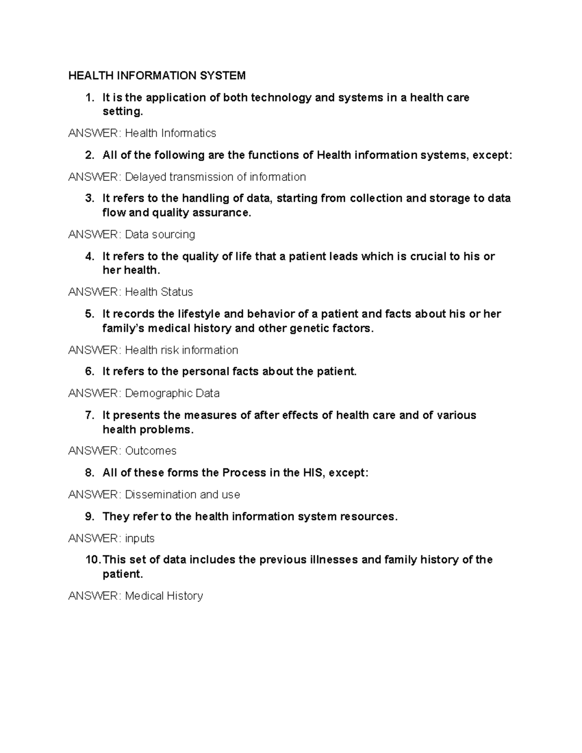 Health Information System (HIS) - Review Questions & Answers Guide ...