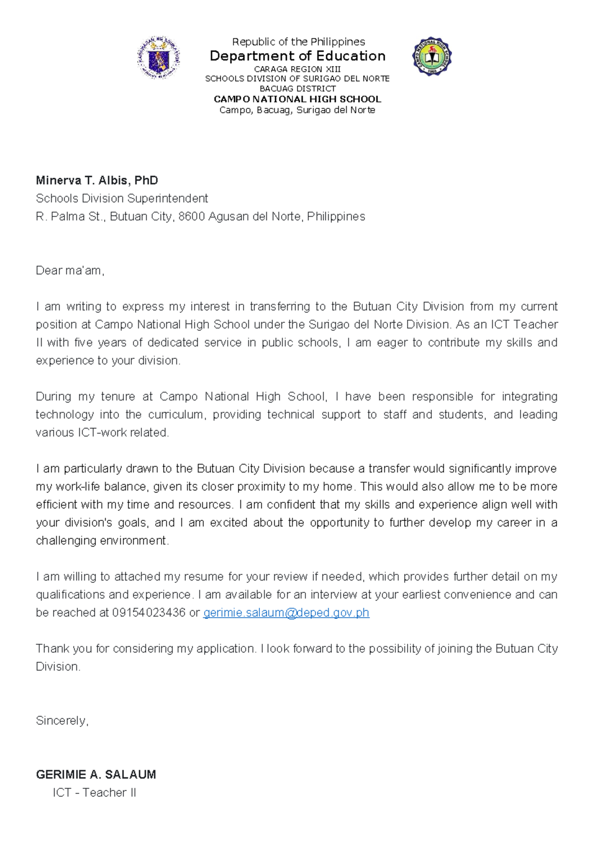 Letter of Intent for Transfer - ICT Teacher II Application - Studocu