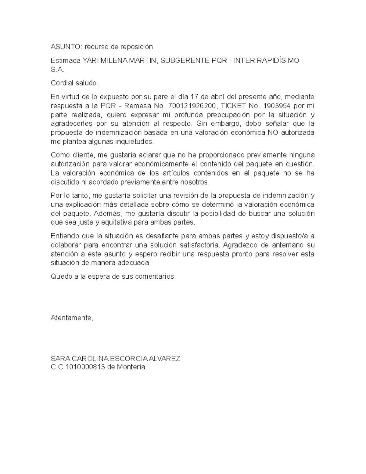 Respuesta a Inter Rapidísimo: Revisión de Indemnización PQR - Studocu