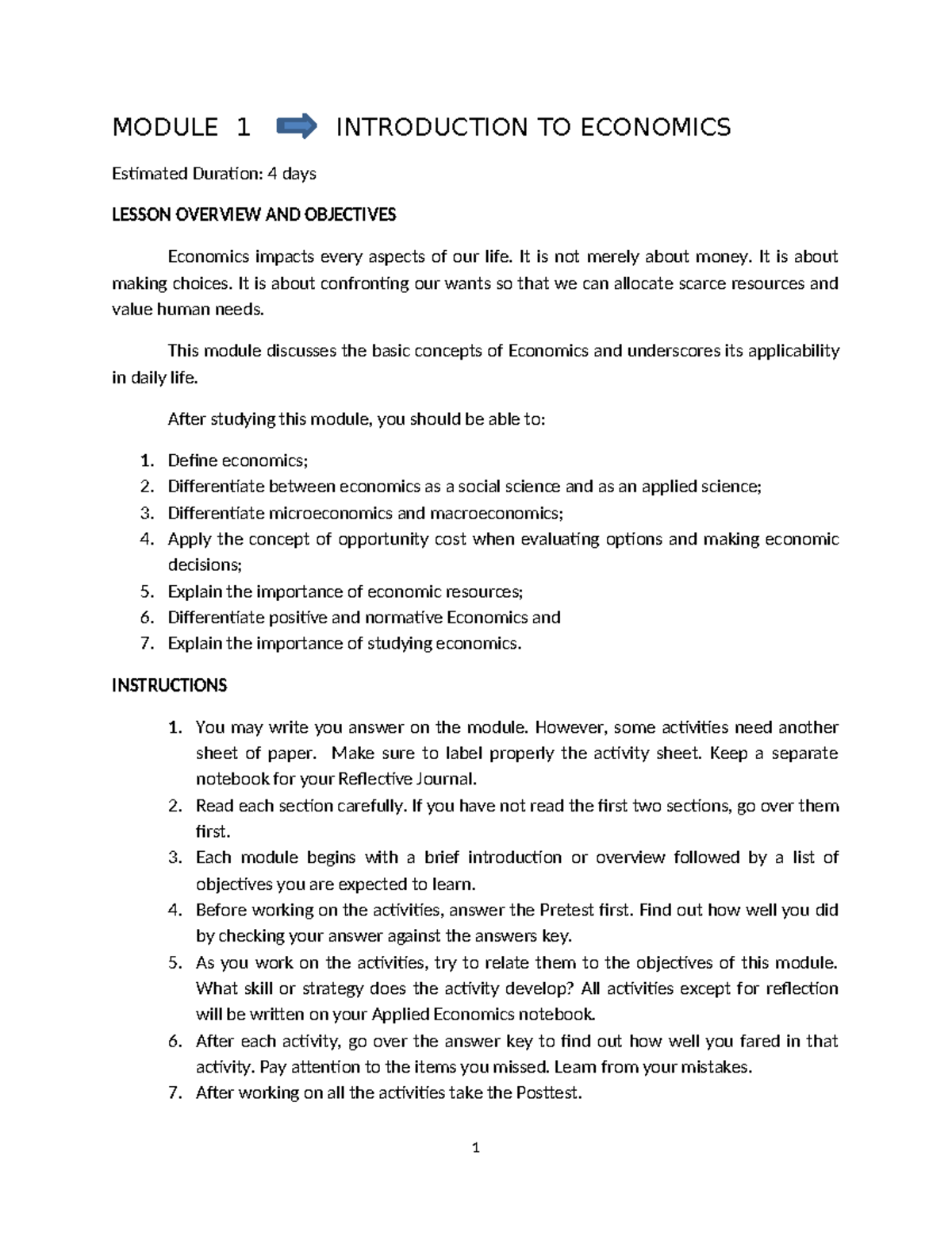 Applied Economics Module 1: Introduction to Economic Principles - Studocu