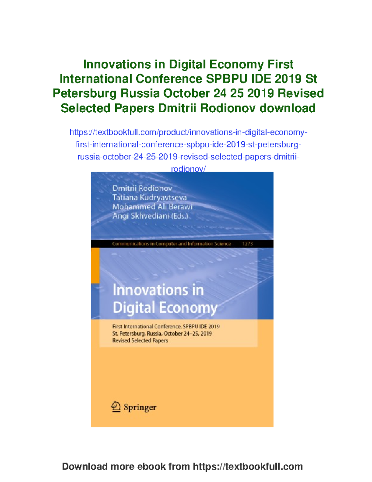 Innovations in Digital Economy: SPBPU IDE 2019 Conference Papers - Studocu