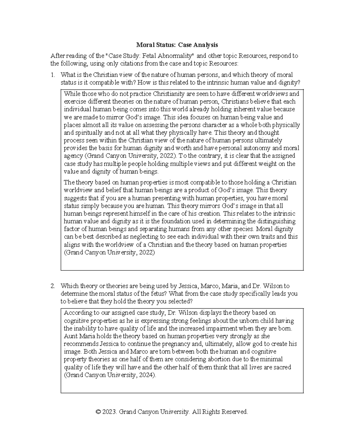 Moral Status: Case Study Analysis in Health Care Ethics (GCU 2022 ...