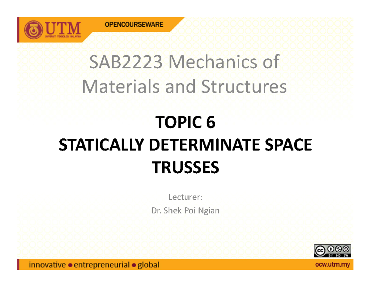 OCW T6 16Mac14 - Statically Determinate Space Trusses Notes - Studocu