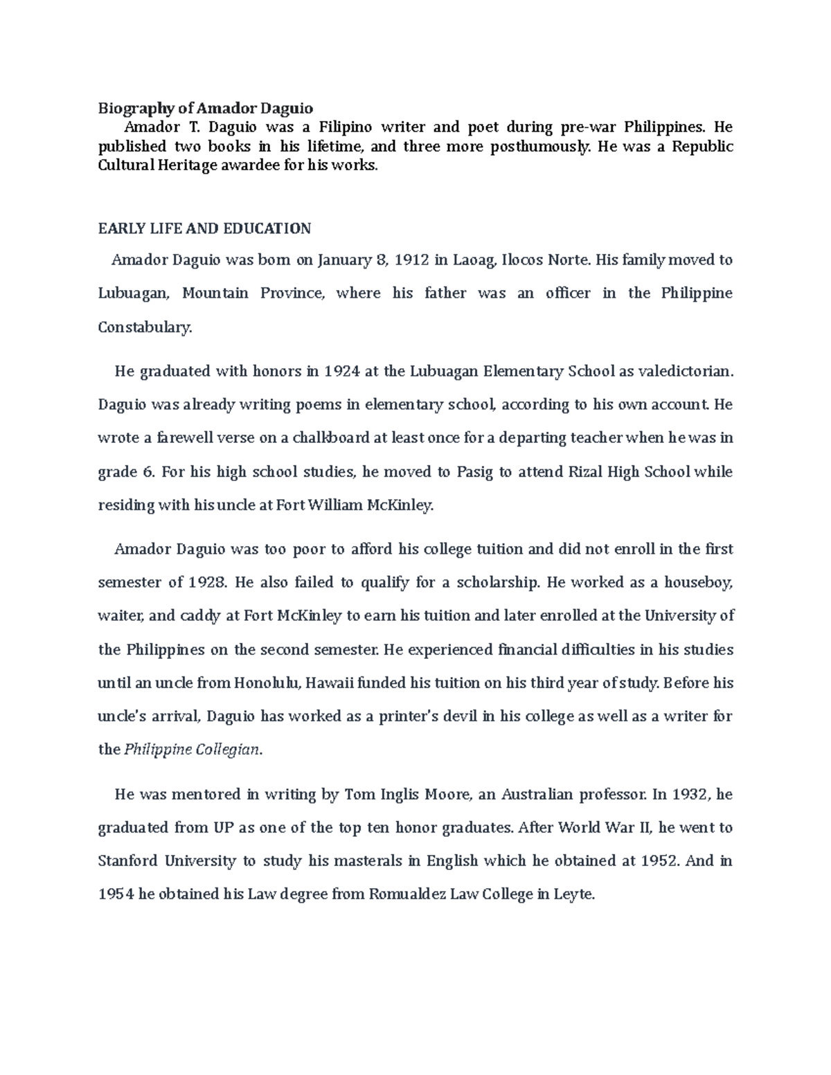 Amador Daguio: A Comprehensive Biography of the Filipino Poet - Studocu