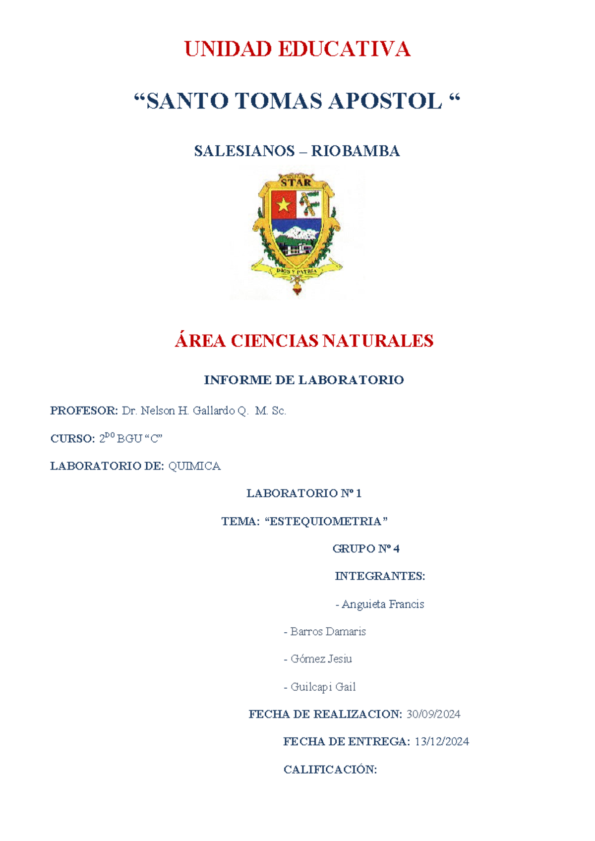 Informe de Laboratorio de Química - 2DO BGU - Estequiometría - Studocu