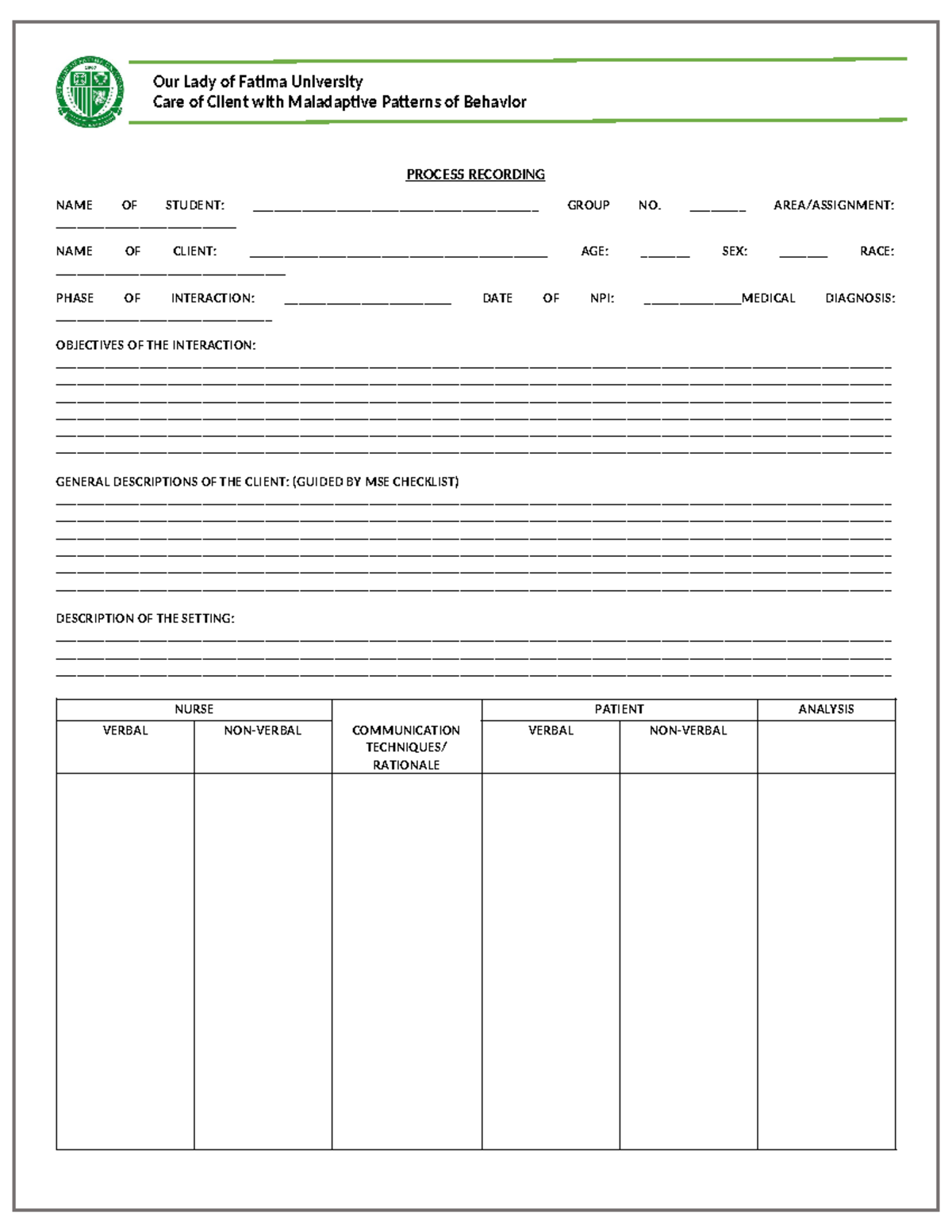 Process-recording - process note for duty - Our Lady of Fatima ...