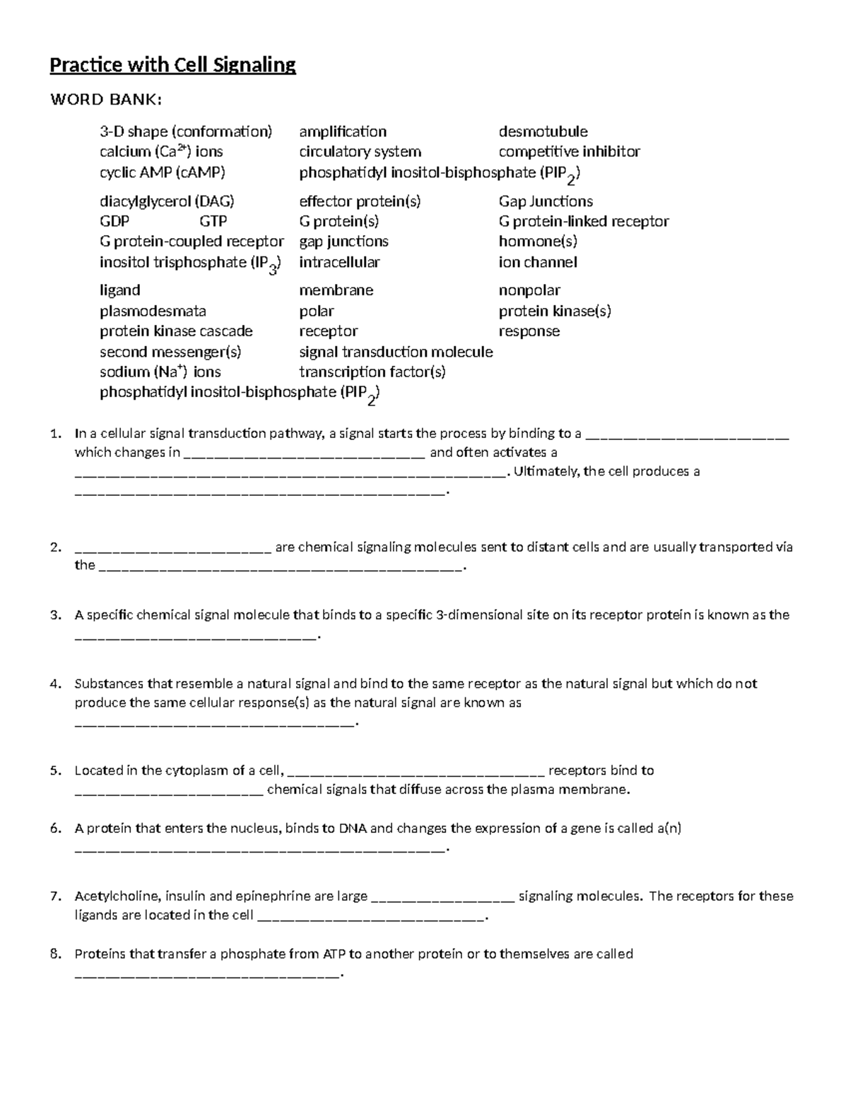 Cell Signaling Worksheet - Practice with Cell Signaling WORD BANK: 3-D ...