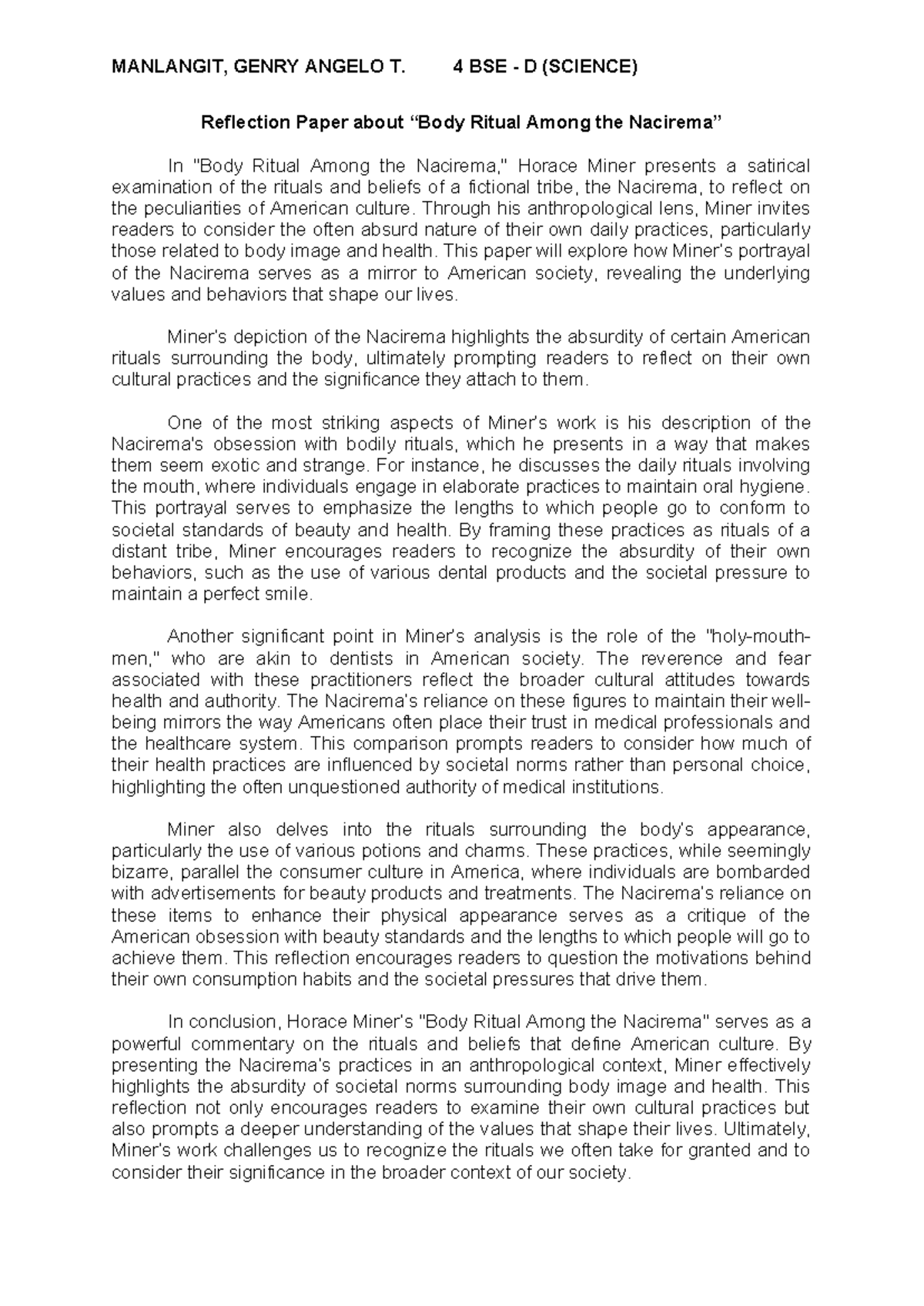 Reflection Paper nacirema - MANLANGIT, GENRY ANGELO T. 4 BSE - D ...