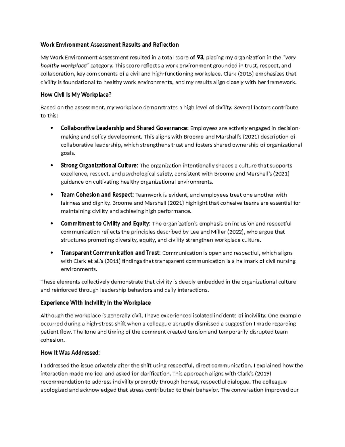 NURS6053WK7 Work Environment Assessment: Civility Reflection and ...