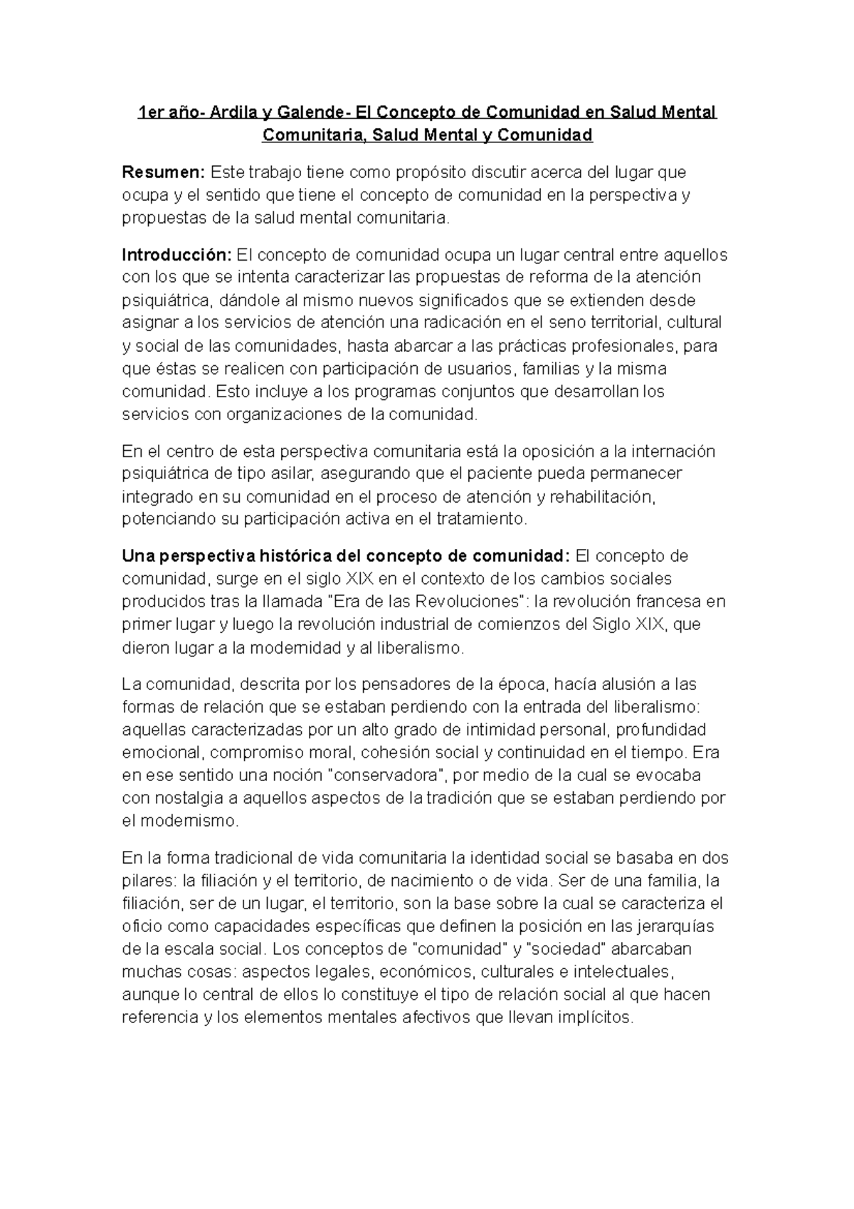 1er año- Ardila y Galende- El Concepto de Comunidad en Salud Mental Comunitaria, Salud Mental y ...