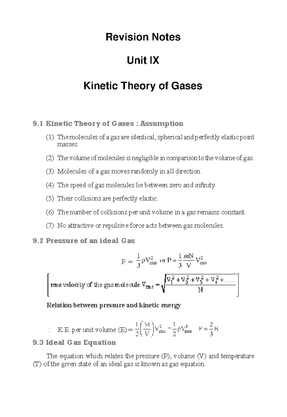 Revision Notes for Unit IX: Kinetic Theory of Gases - Studocu