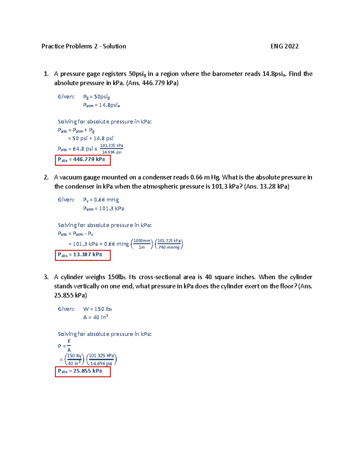 ENG 2022 - Practice Problems 2: Absolute Pressure Solutions - Studocu