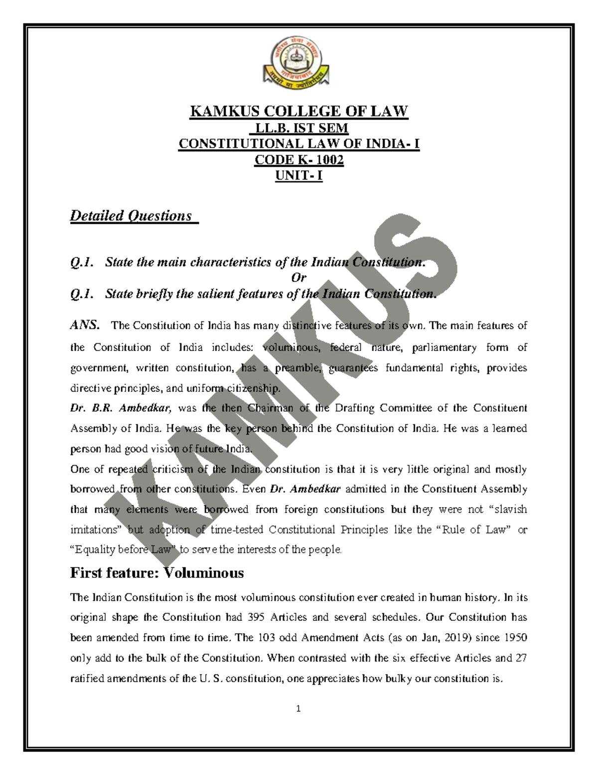 K-1002 LL.B. I Semester Constitutional Law of India: Key Features ...