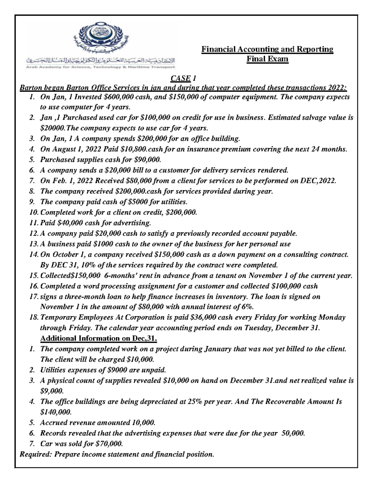 Financial Accounting Final Exam Case Study Analysis Studocu