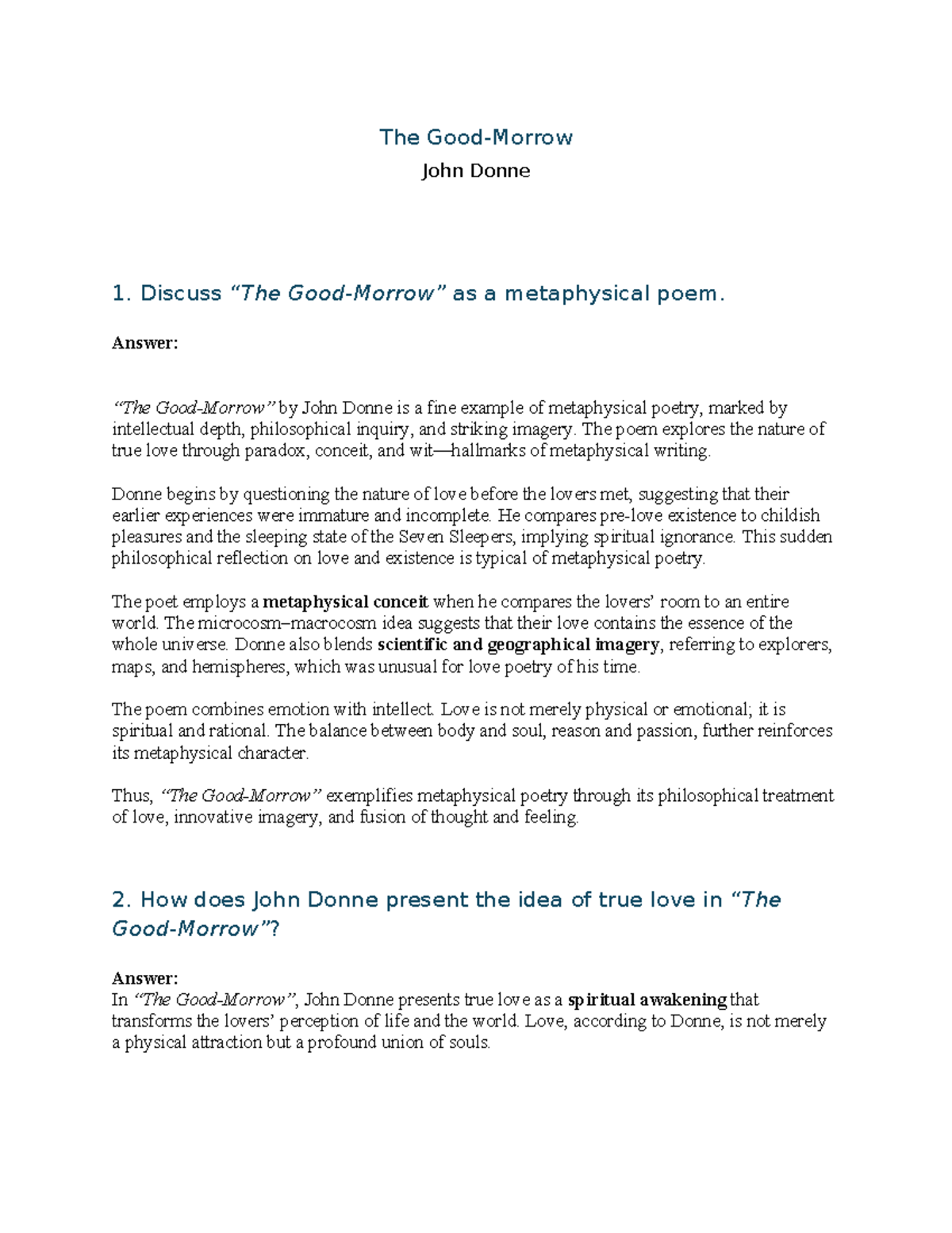 The Good-Morrow (Textual Analysis) - A Study of John Donne's ...