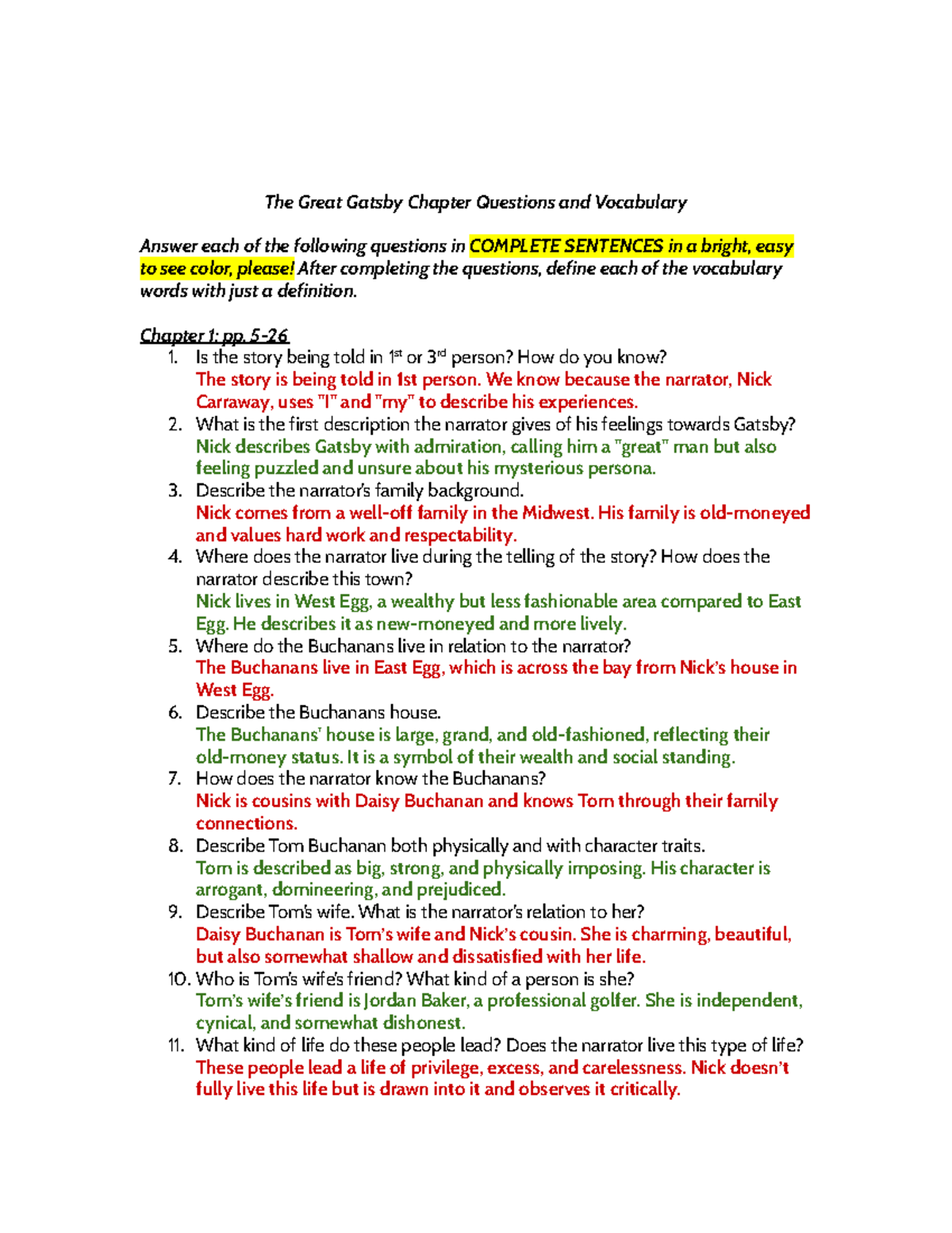 The Great Gatsby ENG101: Chapter 1-3 Questions & Vocabulary Guide - Studocu