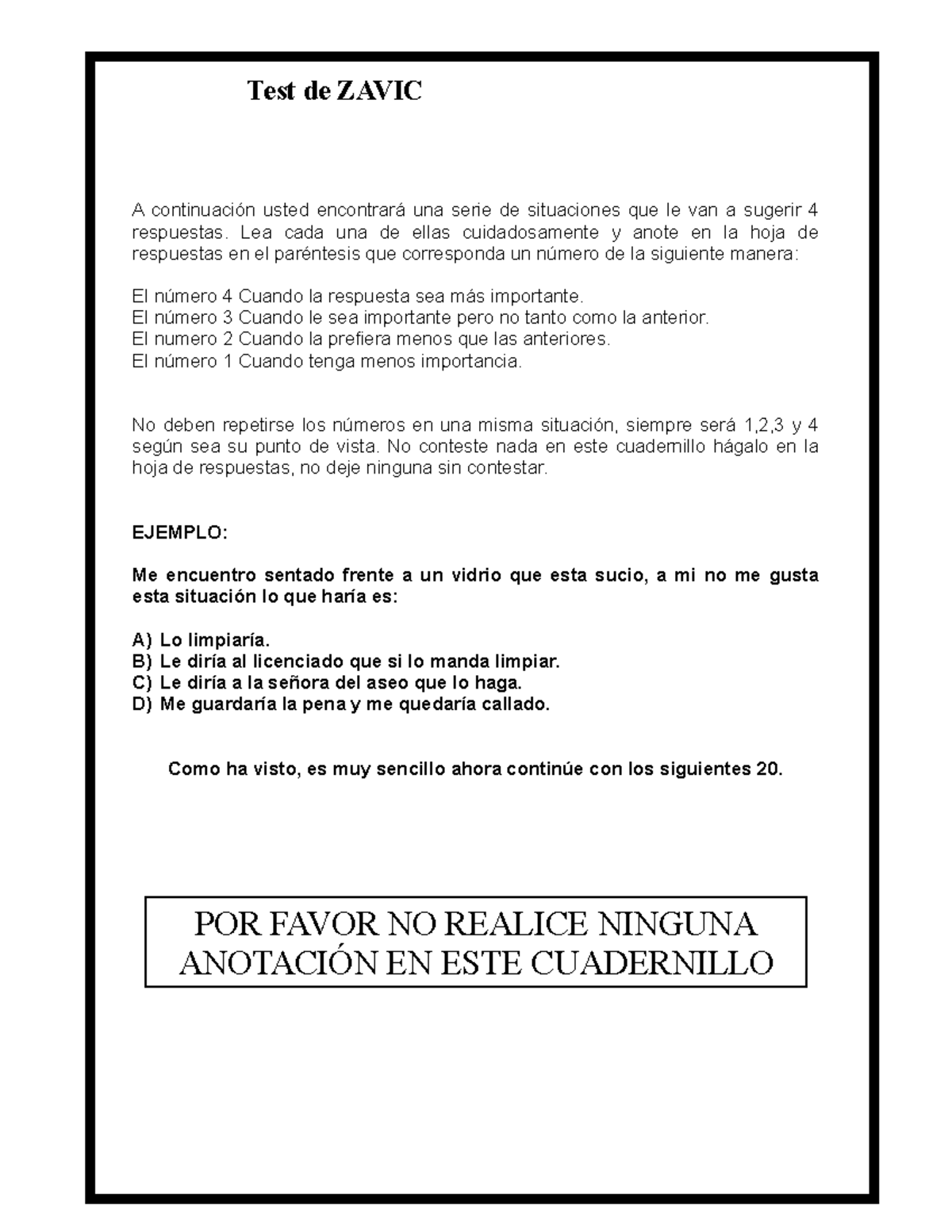 Test de Zavic: Evaluación de Opciones y Respuestas - Studocu