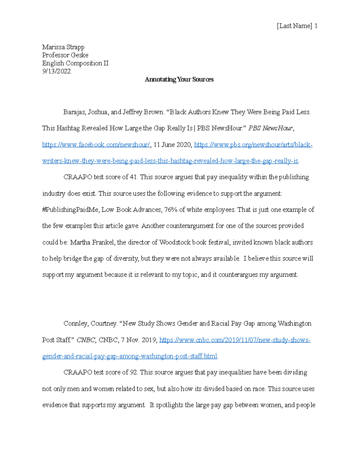 Annotating Your Sources - [Last Name] 1 Marissa Strapp Professor Geske English Composition II ...