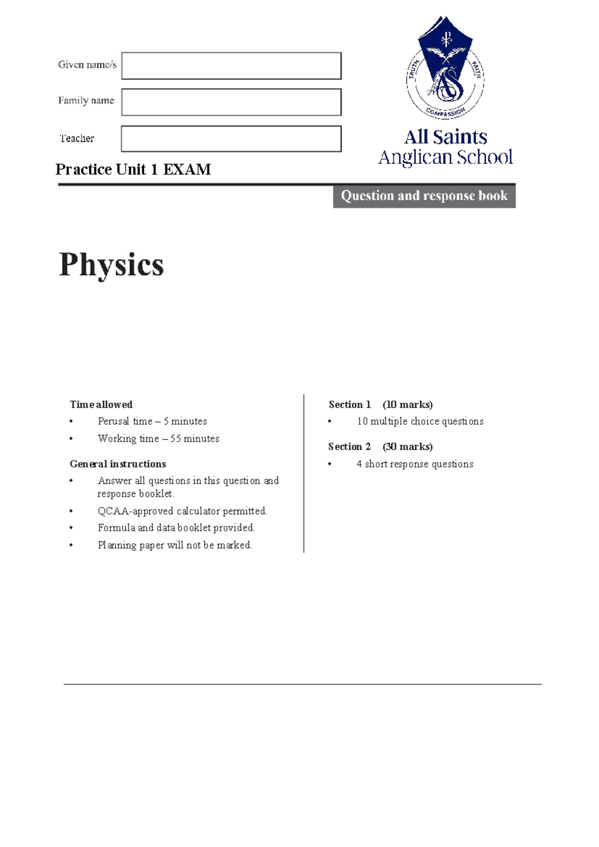 Unit 1 Physics Practice Exam Questions and Responses (60 mins) - Studocu