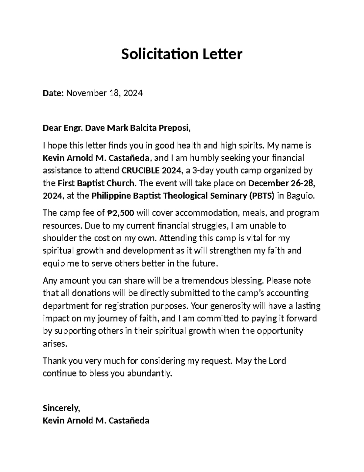 Solicitation Letter for Financial Support to Attend CRUCIBLE 2024 - Studocu