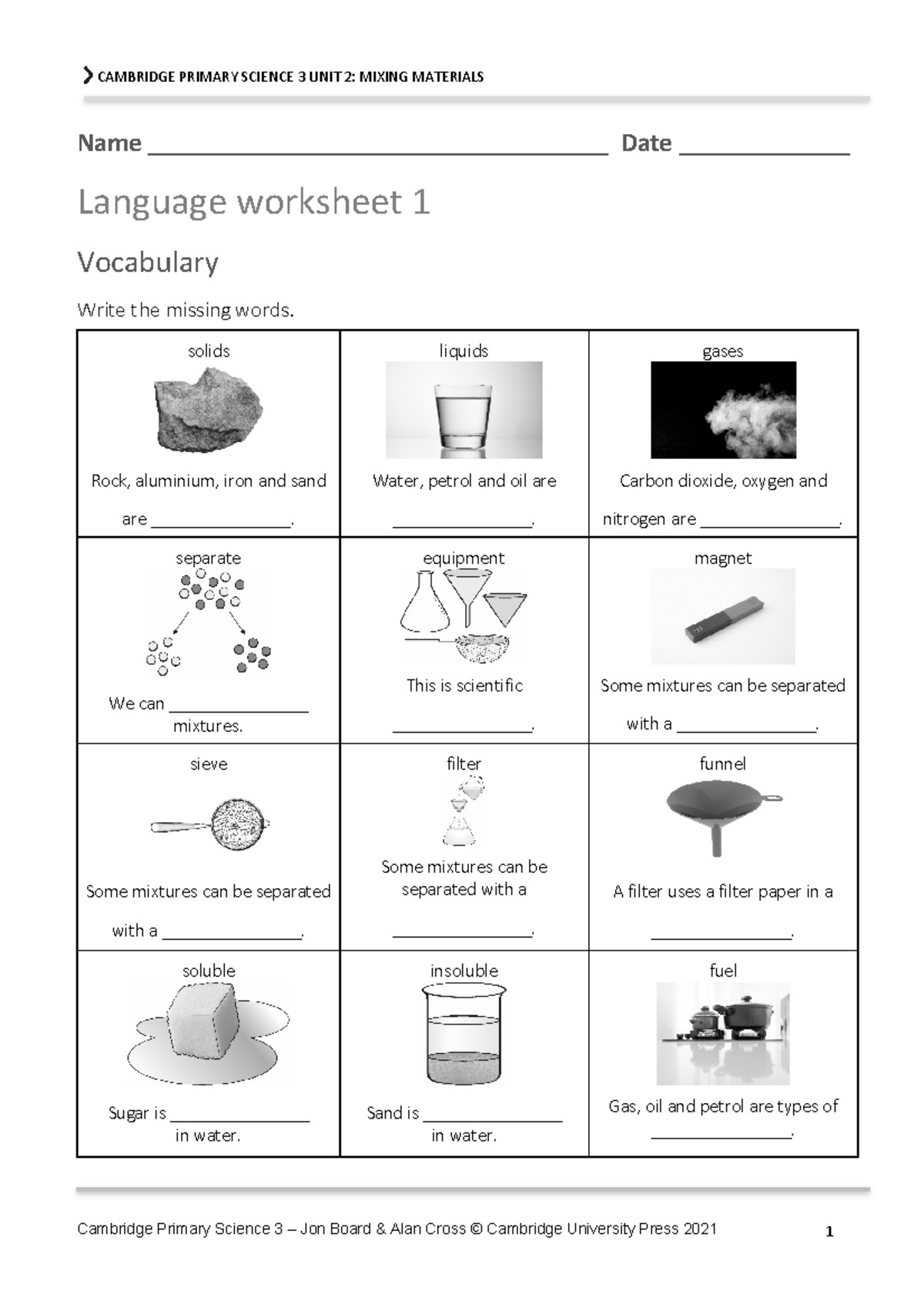 P Science 3 Unit 2 Language Worksheets on Mixing Materials - Studocu