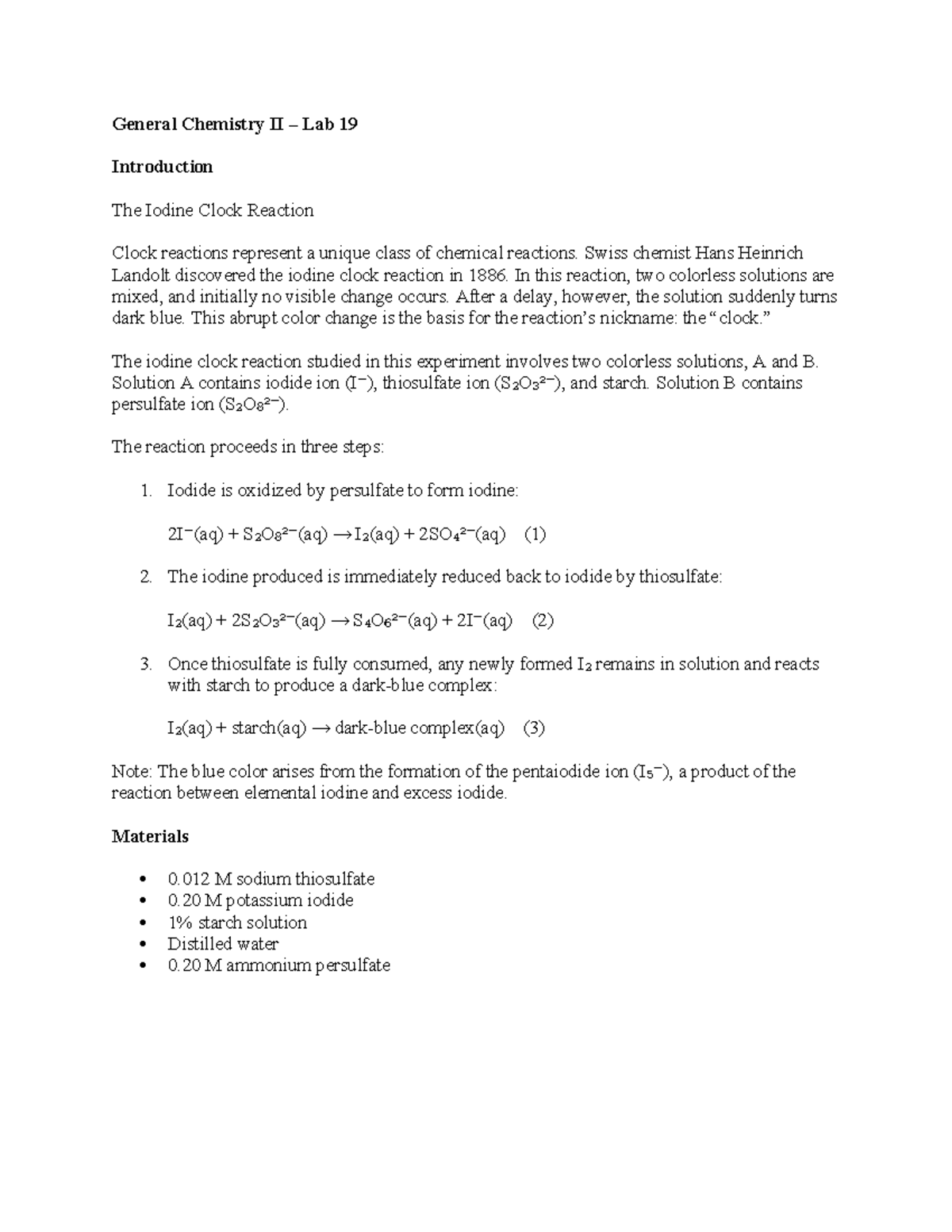 Lab 19: Iodine Clock Reaction - Kinetics and Rate Constant Analysis ...