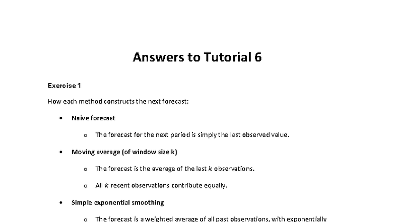 SCDA Tutorial 6 - Exercises Answers on Forecasting & Regression ...