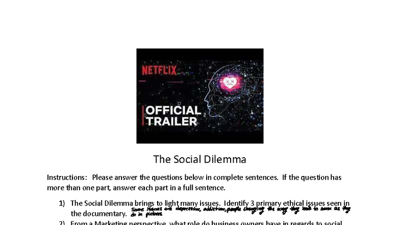 The Social Dilemma: Discussion Questions and Insights - Studocu
