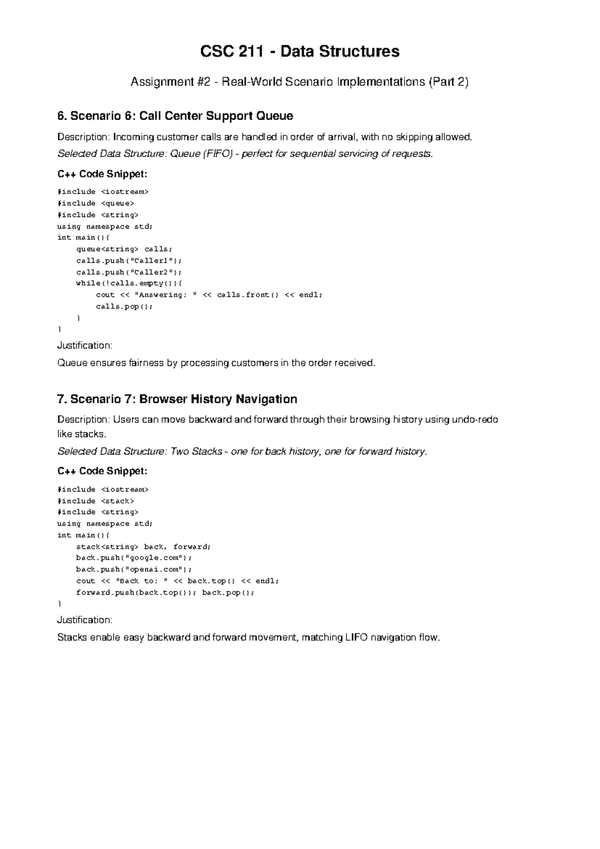 Csc 211 Data Structures Assignment Part 2 Scenario Implementations