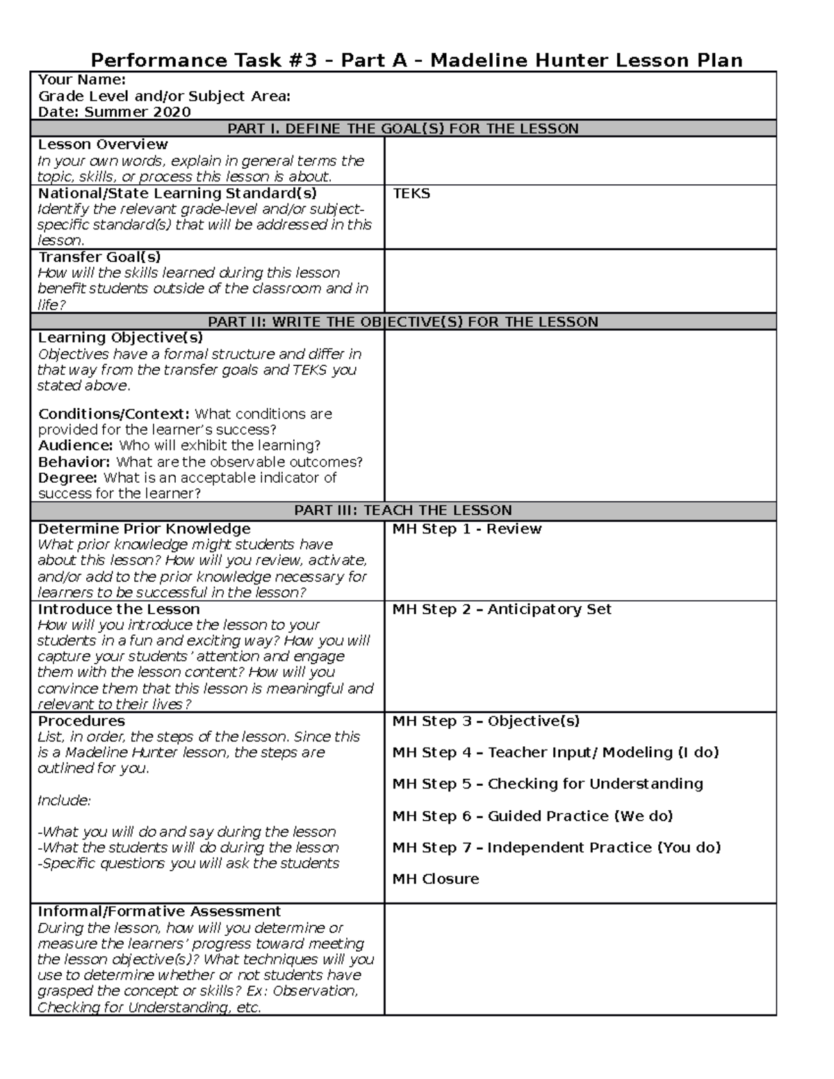 Performance Task 3 Part A Madeline Hunter Template - Performance Task ...
