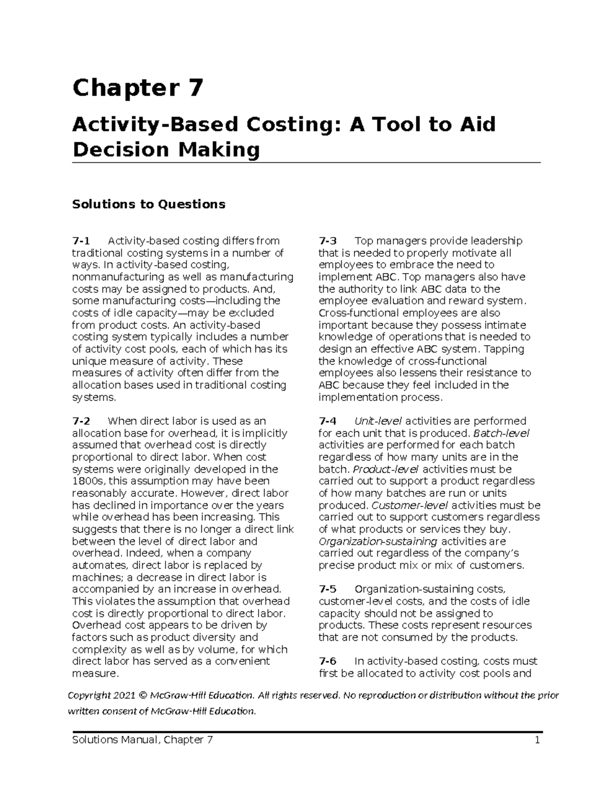 Managerial Accounting CH07: Activity-Based Costing Solutions - Studocu