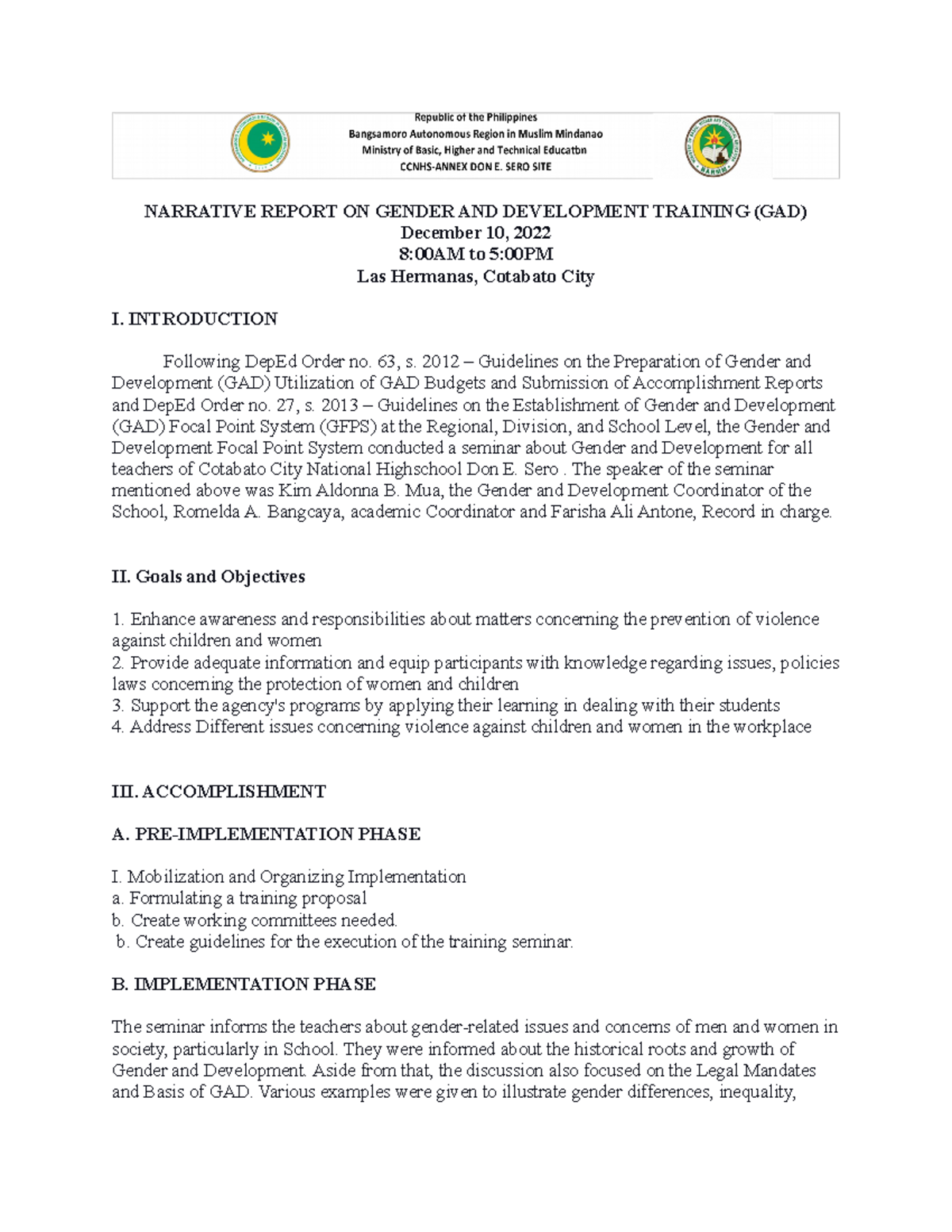 Narrative Report on GAD Training for Teachers - GAD 2022 - Studocu