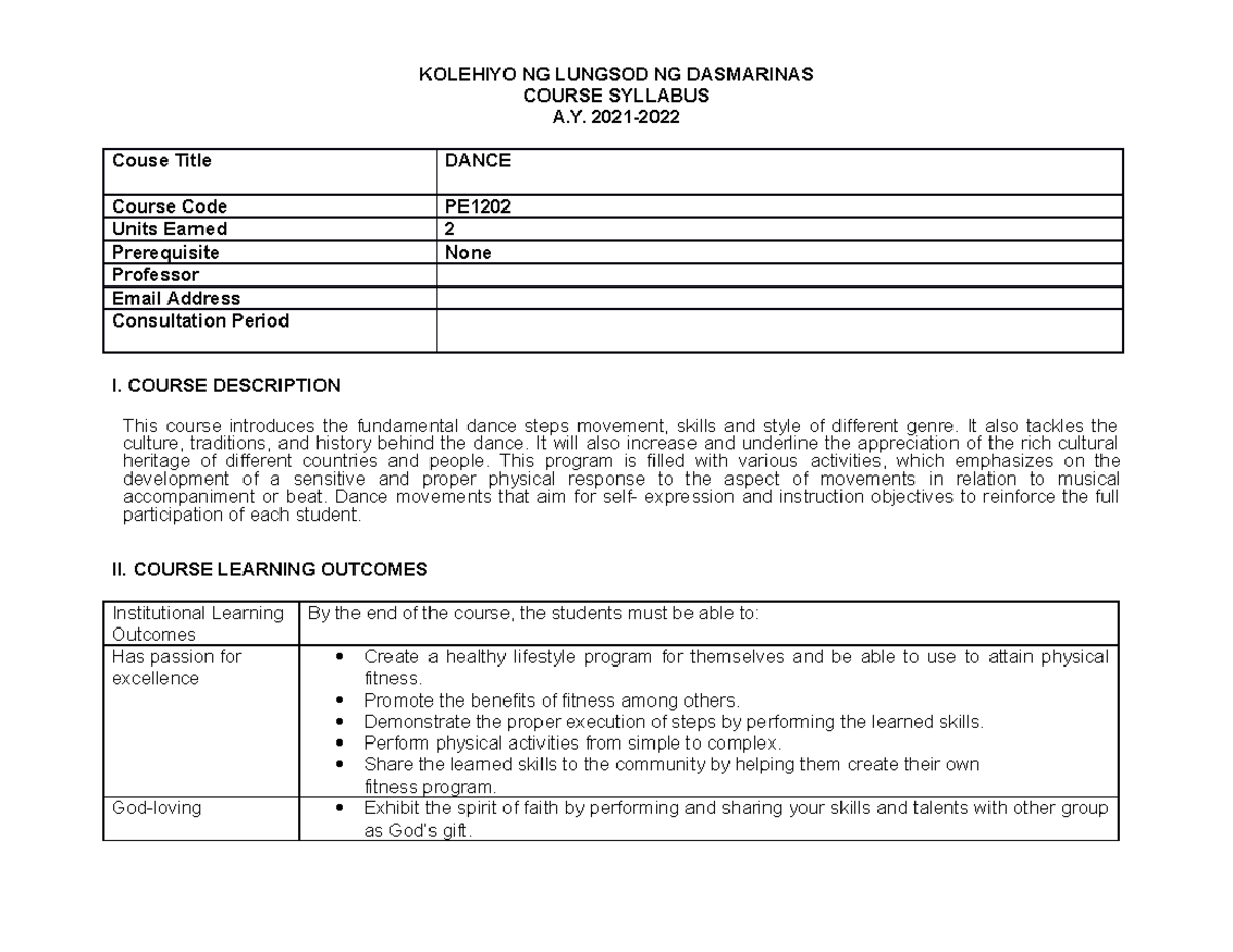 PE1202 Syllabus Dance - ALL - KOLEHIYO NG LUNGSOD NG DASMARINAS COURSE ...