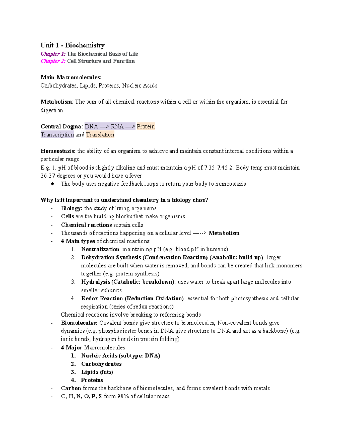 Unit 1 - Biochemistry - Unit 1 - Biochemistry Chapter 1: The ...
