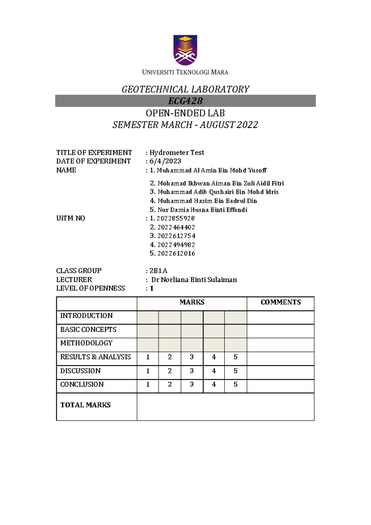 Hydrometer Test Lab Report (GEOTECH 2022) - Group 2B1A - Studocu