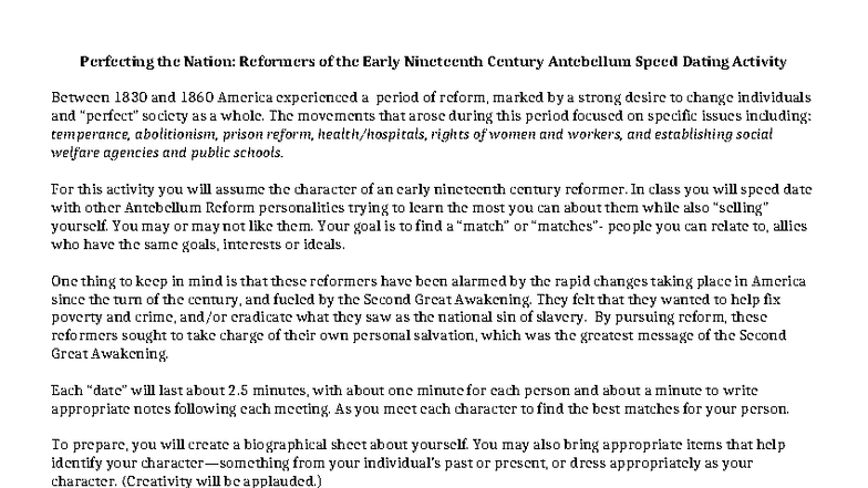 ANT 2021: Antebellum Reformers Speed Dating Activity Guide - Studocu