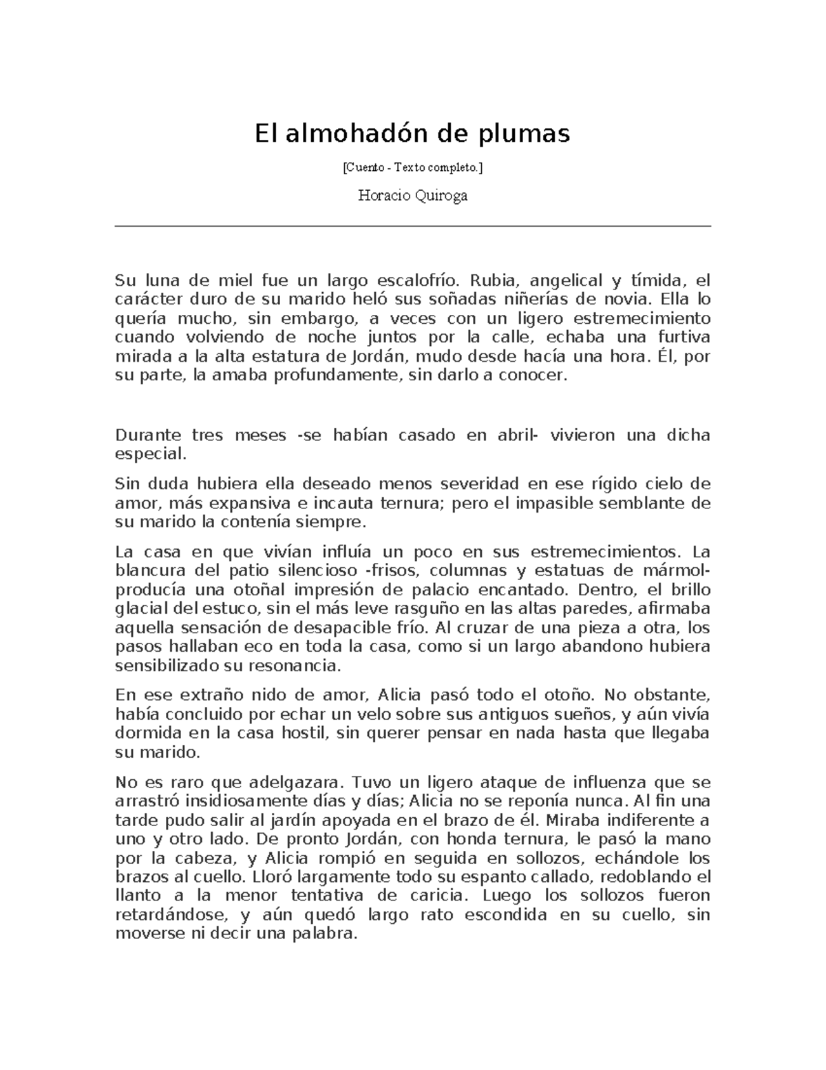 Cuento: El Almohadón de Plumas - Análisis y Reflexiones - Studocu