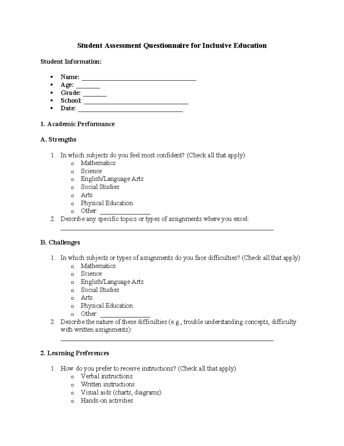 Student Assessment Questionnaire for Inclusive Education - Academic ...