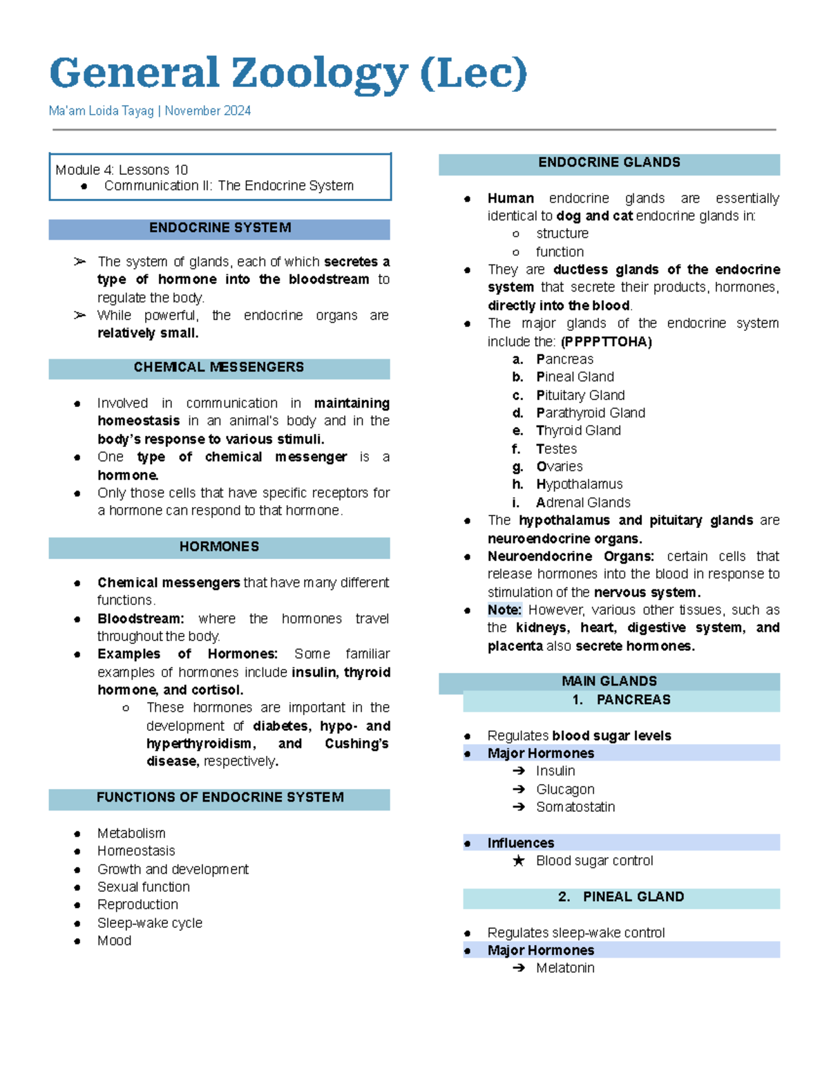 General Zoology (Lec) - Endocrine System Overview - Nov 2024 - Studocu