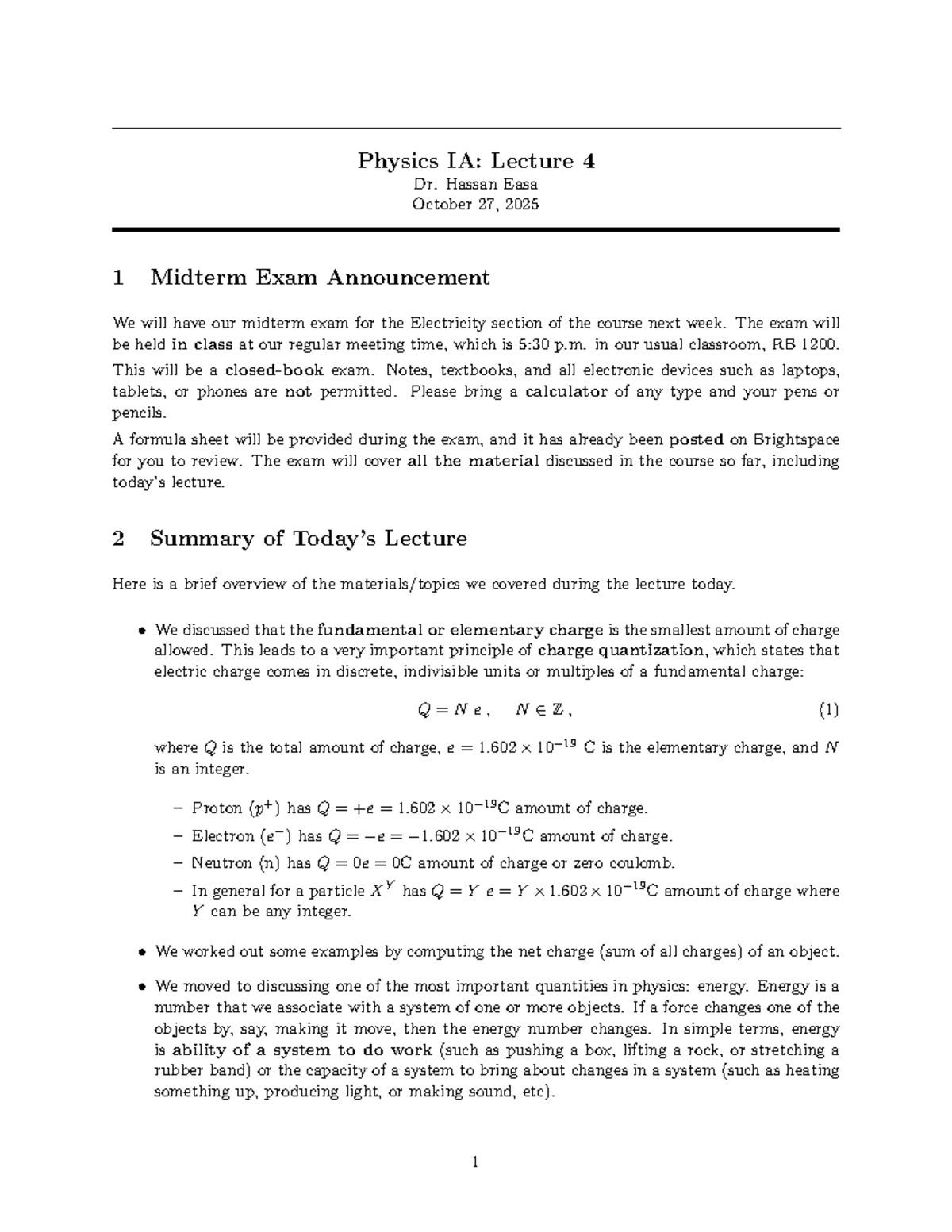 Physics IA: Midterm Exam Announcement & Lecture Summary - Studocu