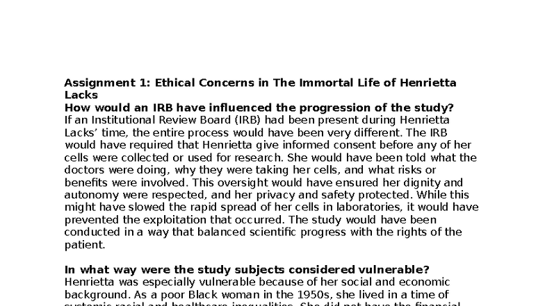 Assignment 1: Ethical Issues in The Immortal Life of Henrietta Lacks ...