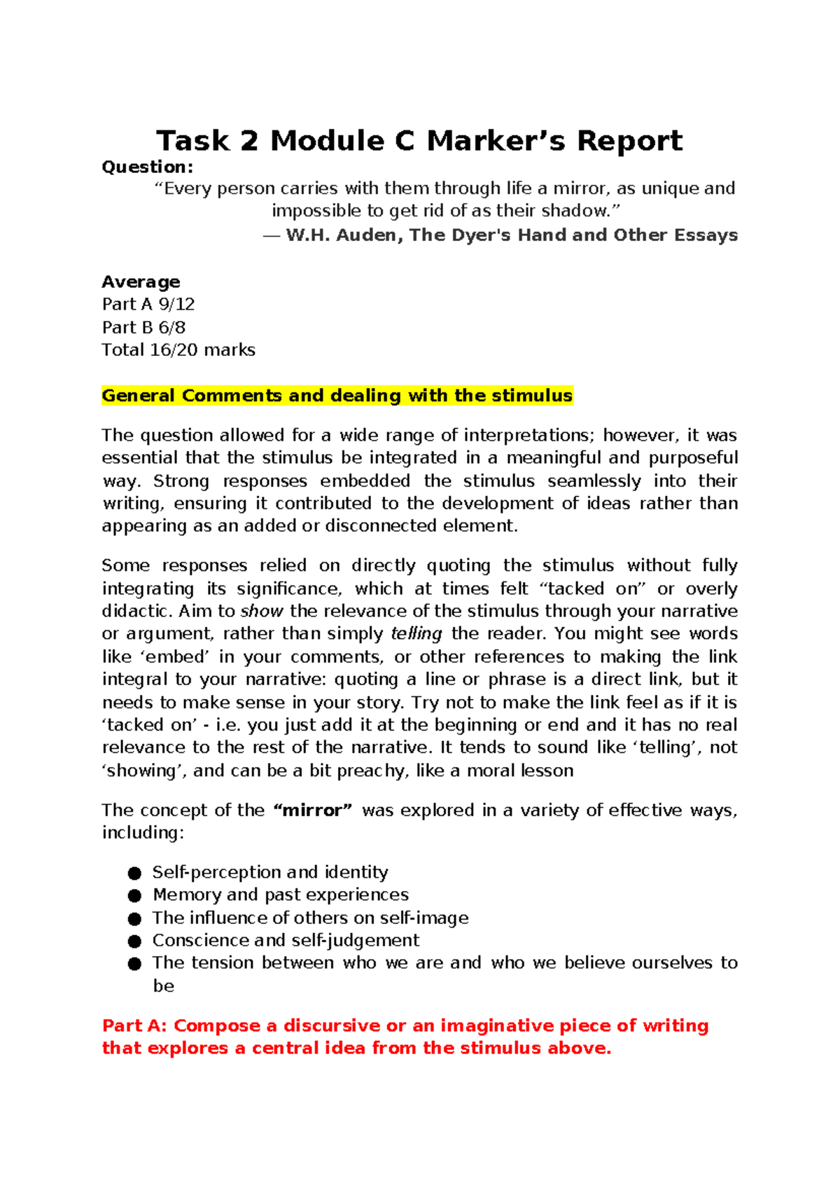 T2 Mod C Marker's Report: Integrating Stimulus in Writing - Studocu