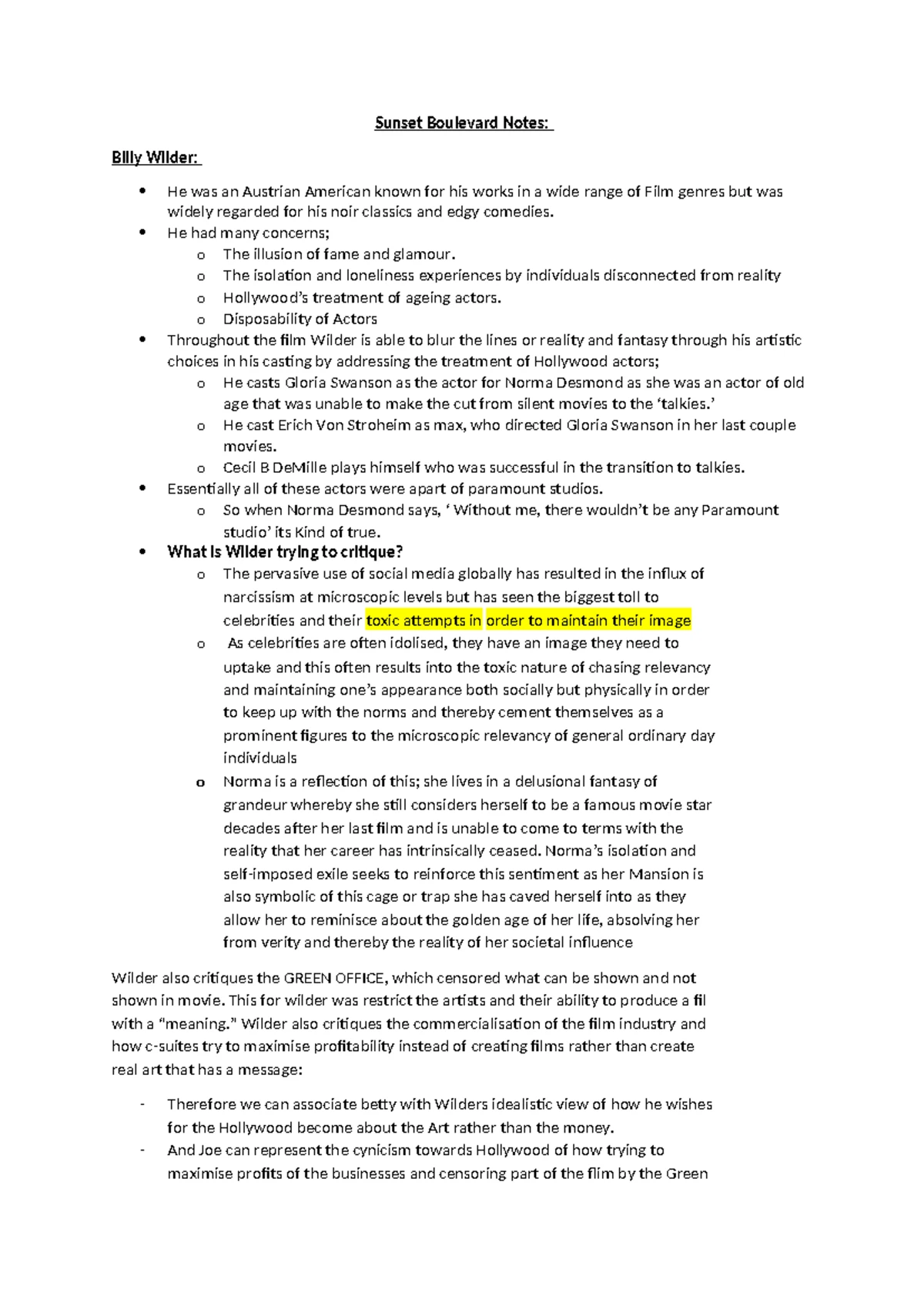 Sunset Boulevard: Themes and Analysis Table for Film Studies (FS 101) - Studocu